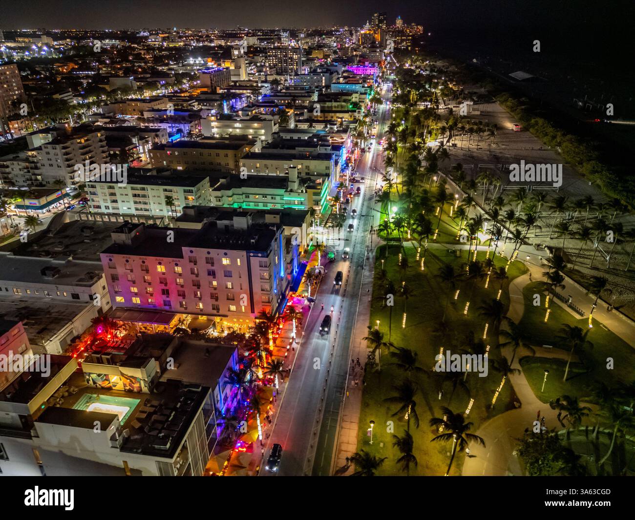 Cityscape of downtown Miami at night light. Tropical paradise in South ...