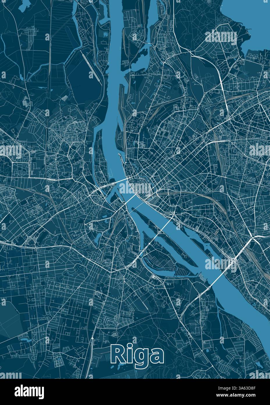 A detailed map of Riga, Latvia, rendered in a minimalist style. The map ...