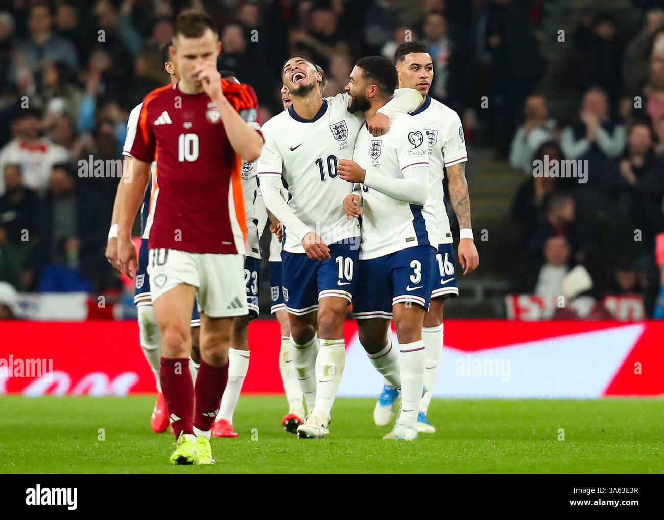London, UK. 24th Mar, 2025. Reece James of England celebrates his goal ...