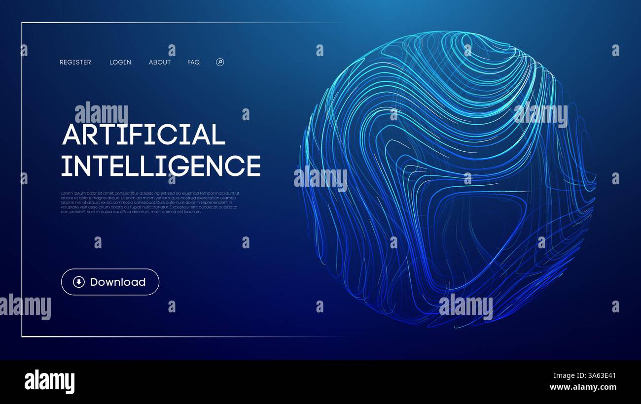 Artificial intelligence technology with abstract glowing sphere, futuristic blue background ...