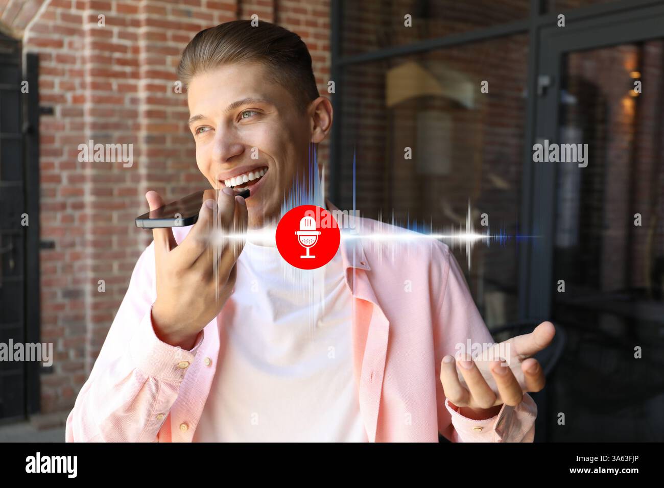 Young man recording voice message via smartphone outdoors. Illustration ...