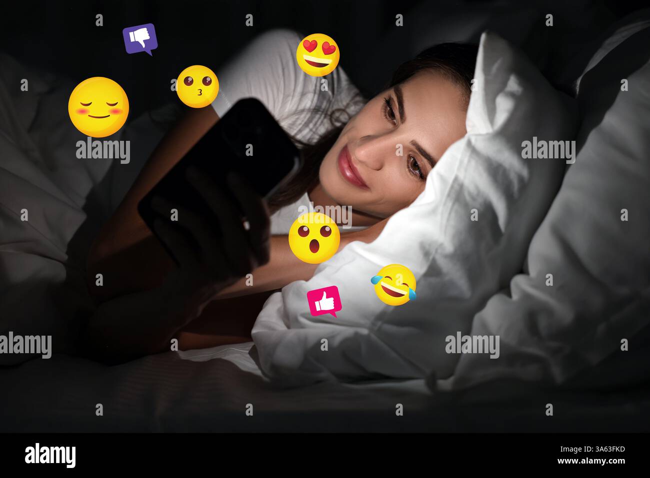 Social media. Woman using mobile phone in bed at night. Different notification signs and emojis ...