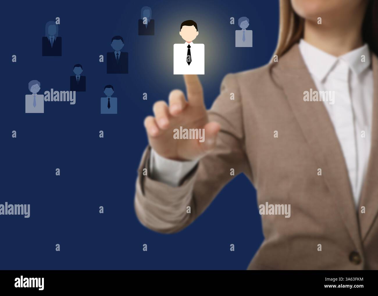 Targeting, recruitment, customer acquisition. Business woman touching ...