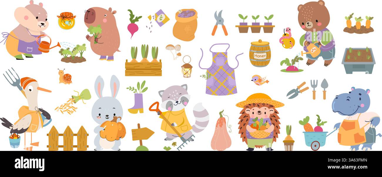 Animals working in garden. Cute animal watering plants, harvesting ...
