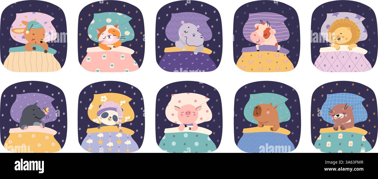Animals bedtime. Cartoon animal sleep in bed with pillow and blanket ...