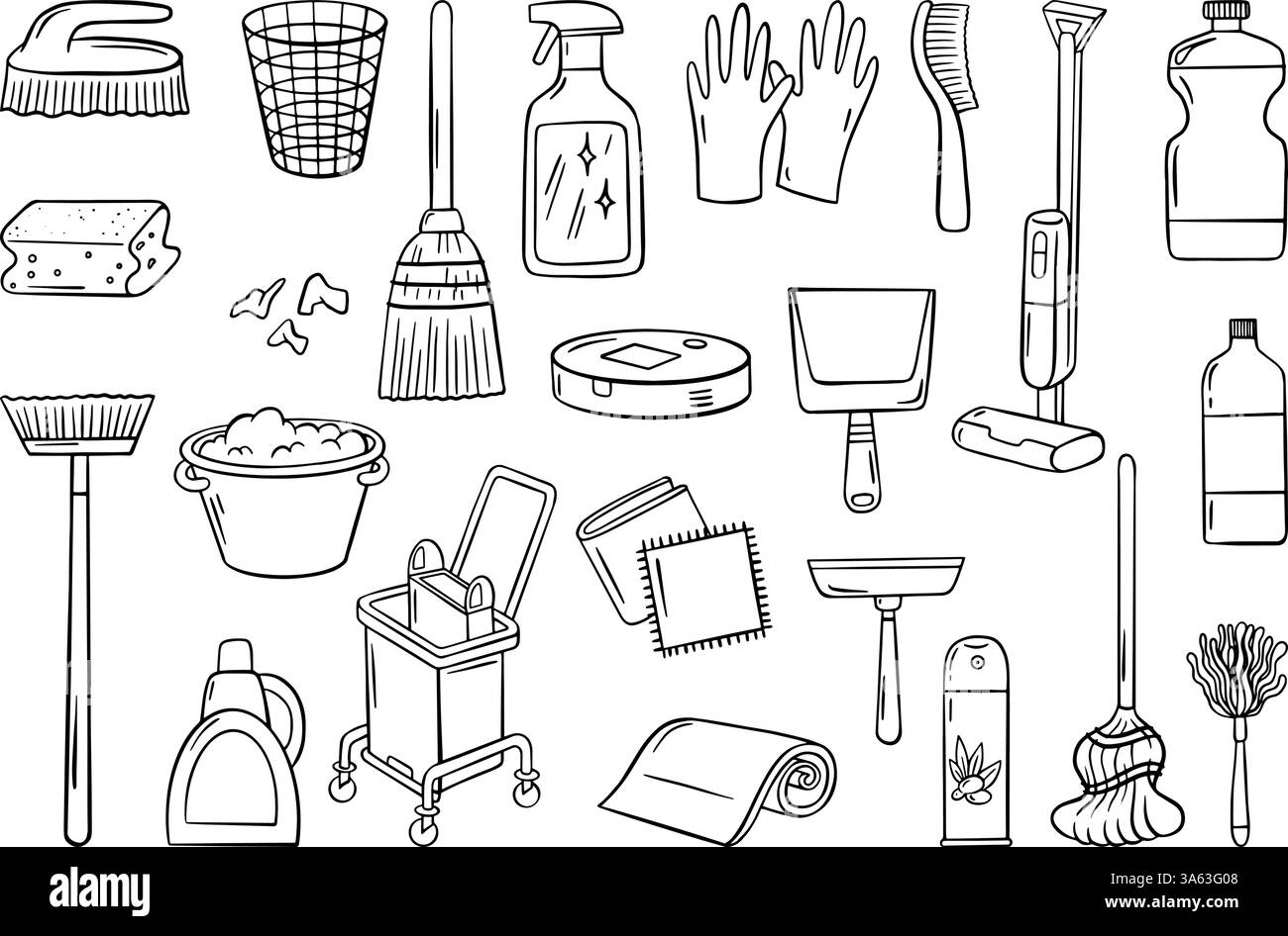 Cleaning service doodle icons. Vacuum cleaner, different brooms and ...