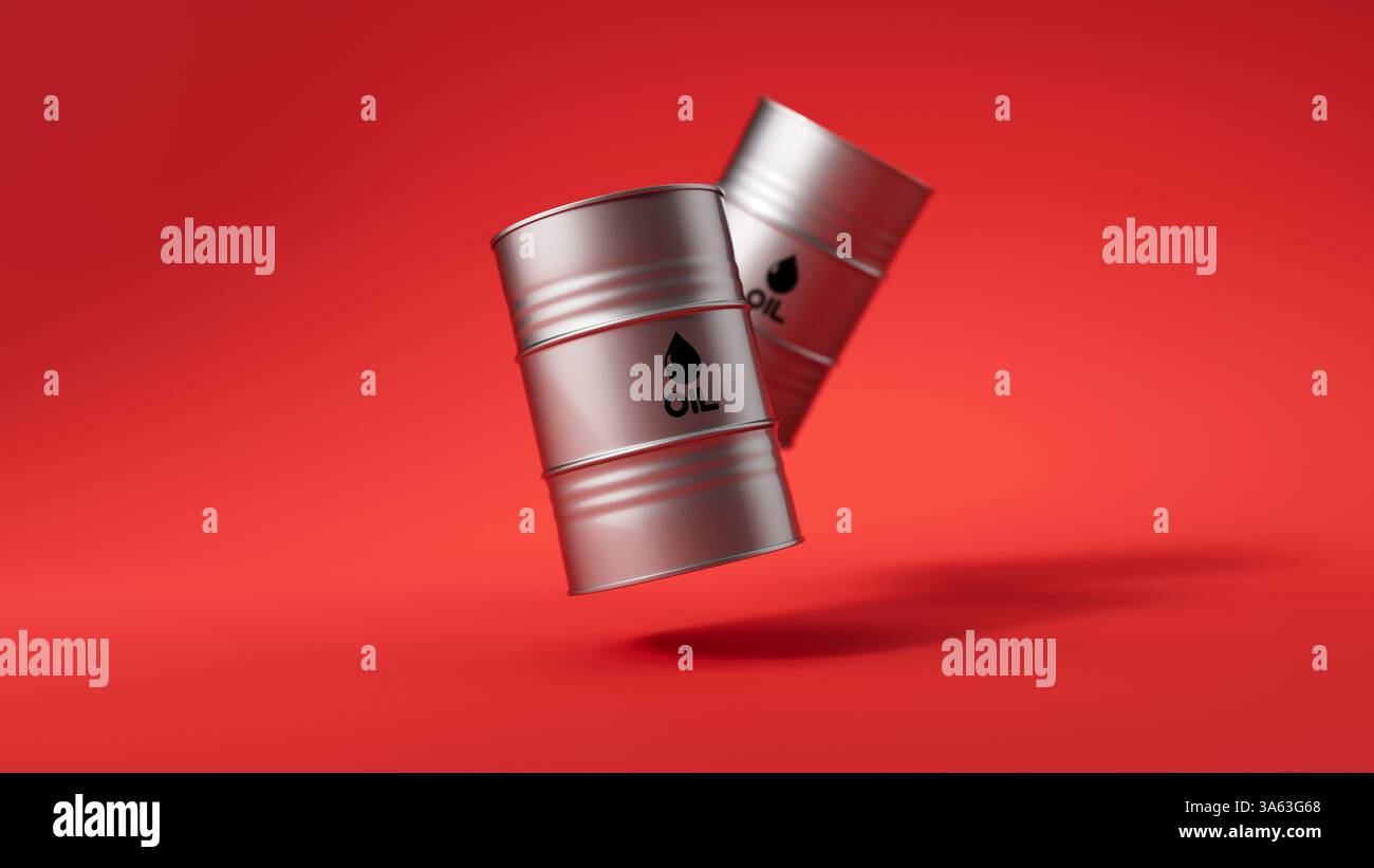 Two floating silver metal oil barrels on red background. Front view ...
