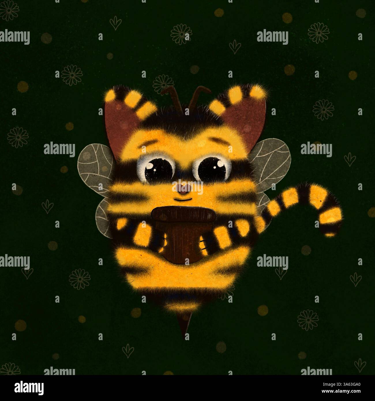 Cute fantasy bee-cat hybrid character with big eyes and honey pot on ...