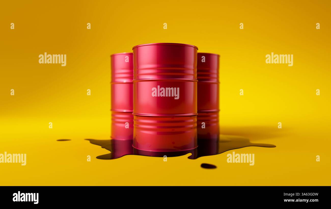 Three red metal oil barrels stand on spilled puddle of crude oil on ...