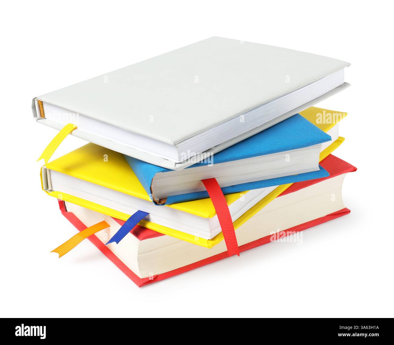 Books with ribbon bookmarks isolated on white Stock Photo - Alamy