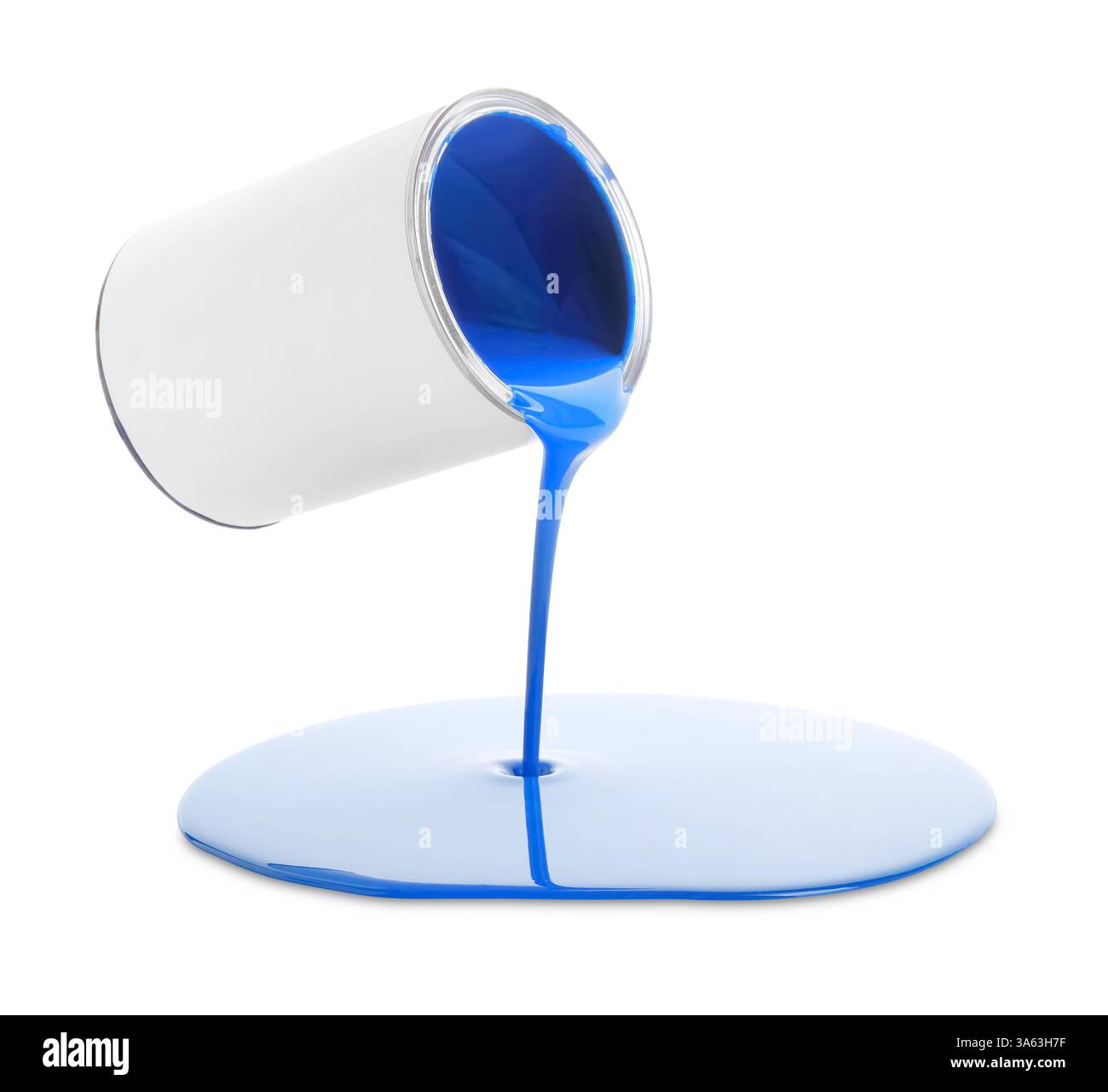 Blue paint flowing down from can on white background Stock Photo - Alamy