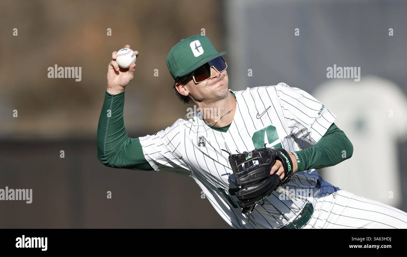 Charlotte infielder Caleb Estes throws before an NCAA baseball game ...