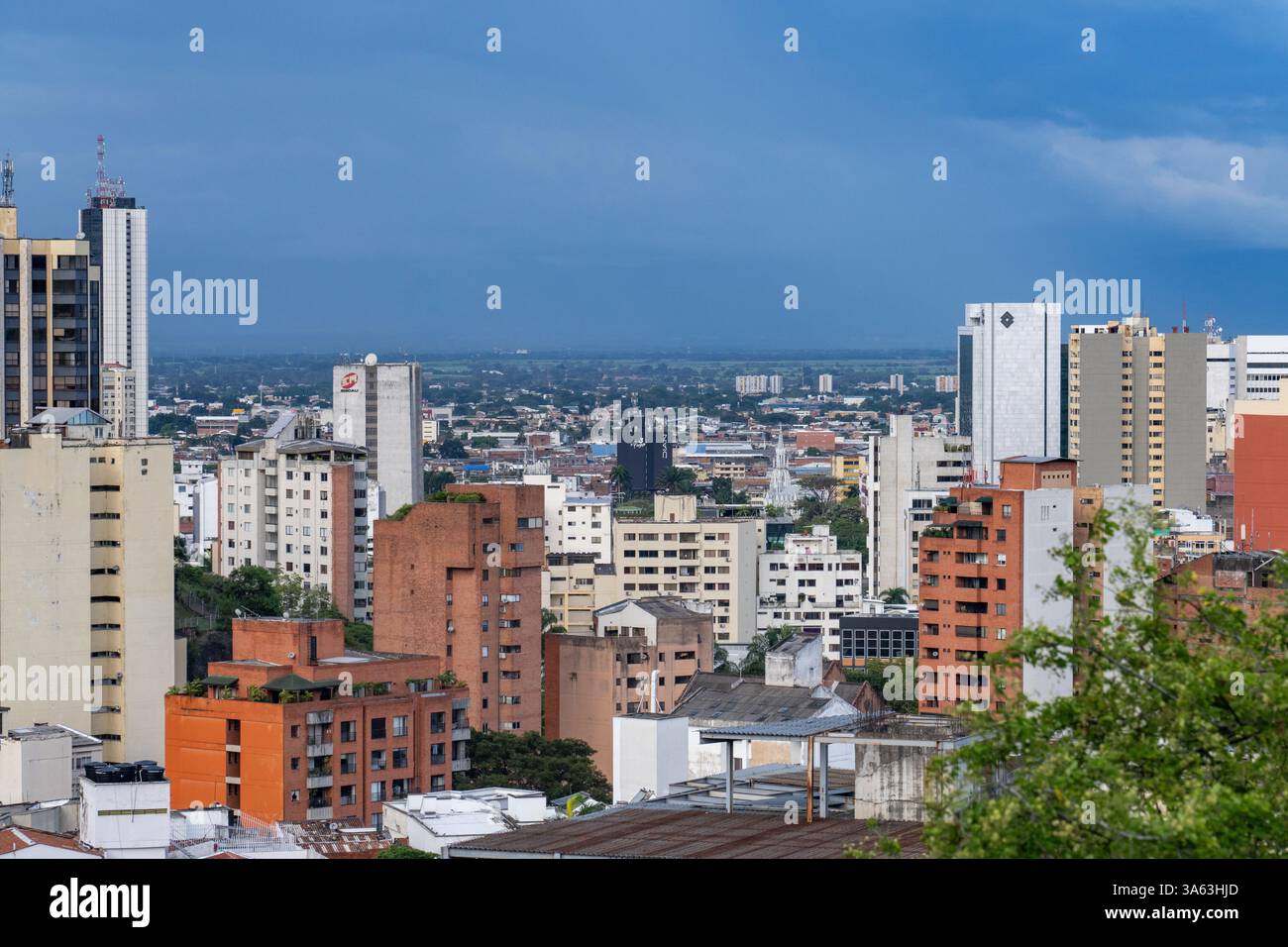 View overlooking the skyline of the business district of Cali, Colombia ...
