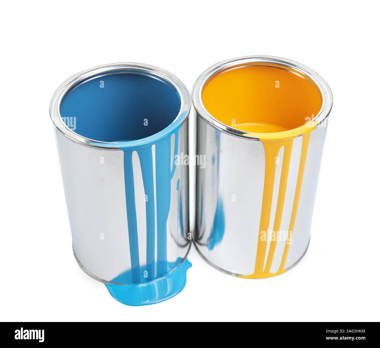 Cans of light blue and yellow paints isolated on white Stock Photo - Alamy