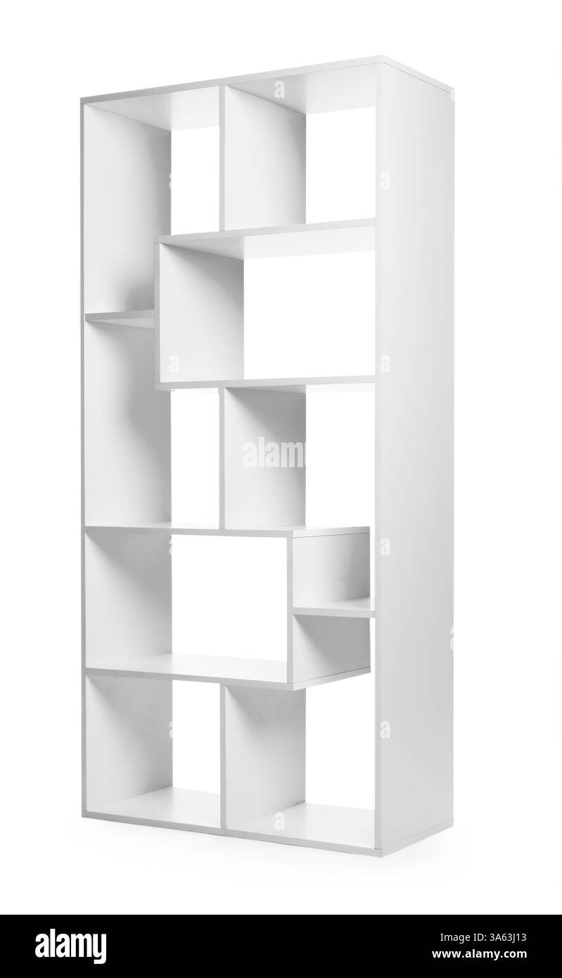 Empty wooden shelving unit isolated on white Stock Photo - Alamy