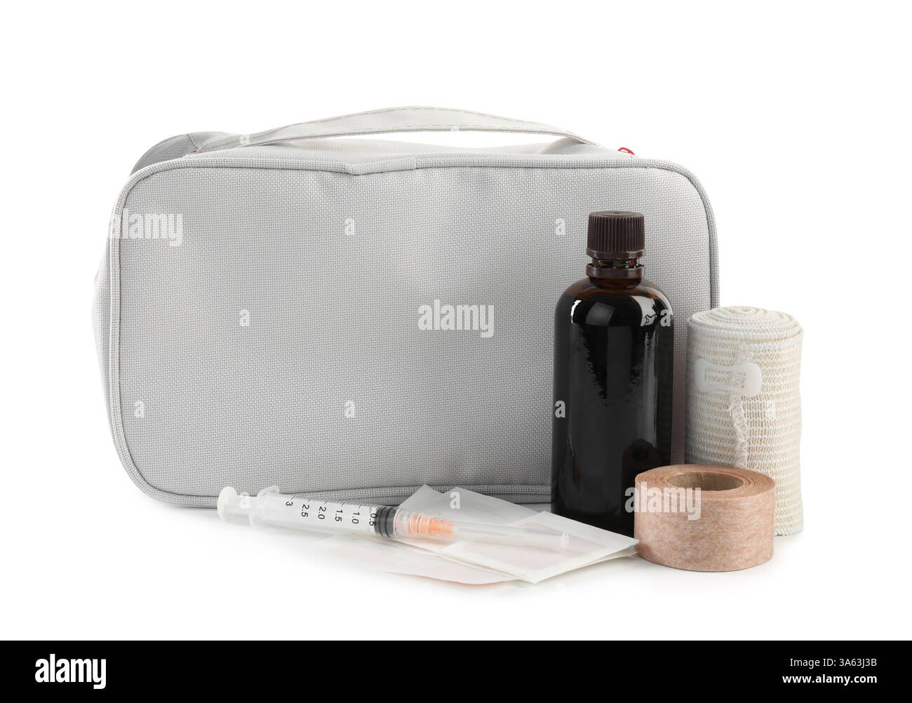 First aid kit. Different medical supplies isolated on white Stock Photo ...