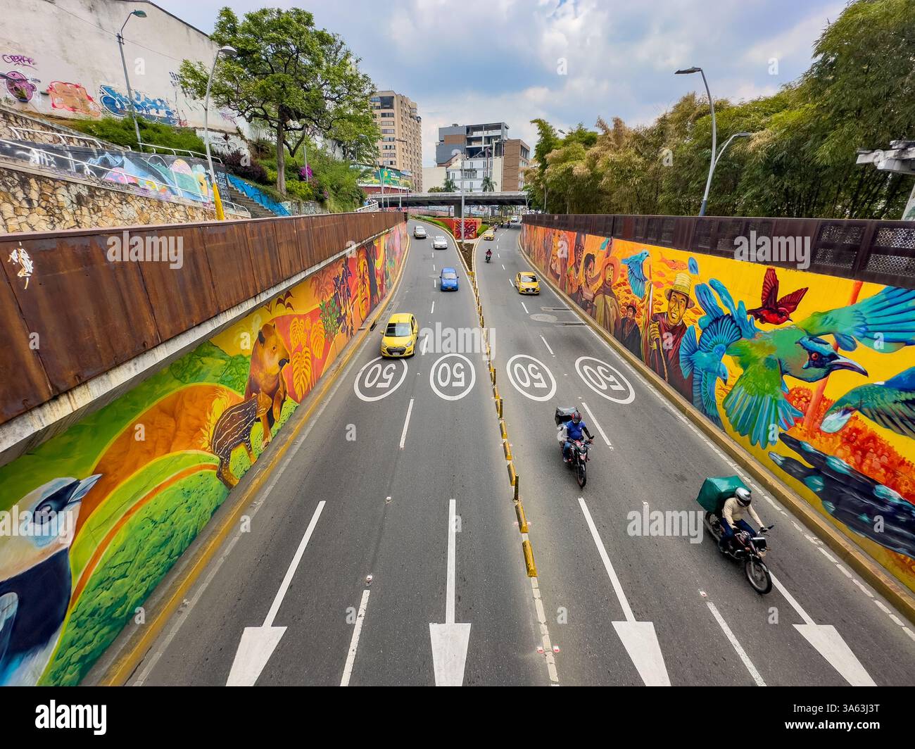 Traffic driving by colorful wall murals on the streets of Cali ...