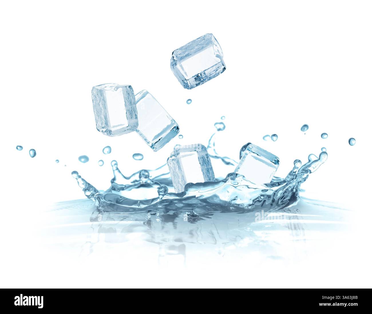 Ice cubes falling into water on white background Stock Photo - Alamy