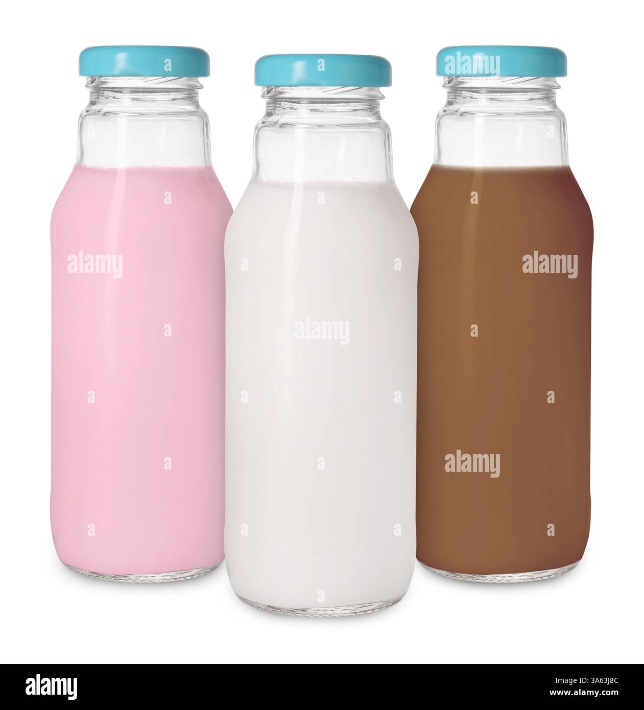 Milk of different flavors in bottles isolated on white. Vanilla ...