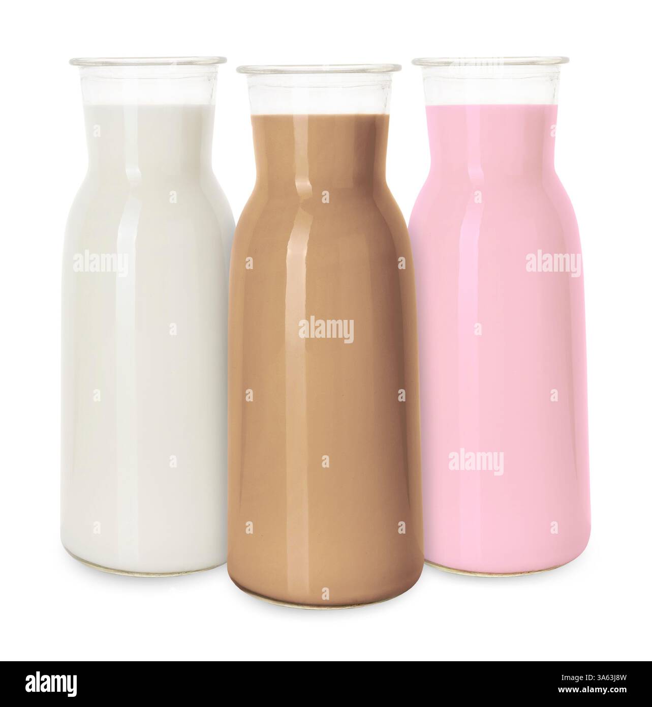 Milk of different flavors in jugs isolated on white. Vanilla, chocolate ...