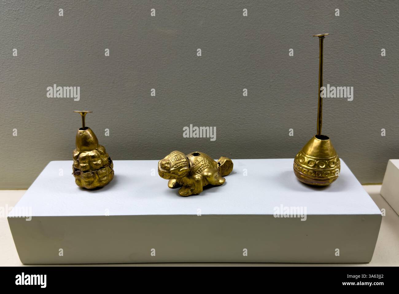 Gold artifacts from the pre-Hispanic indigenous Calima Culture in the Calima Gold Museum, Cali ...