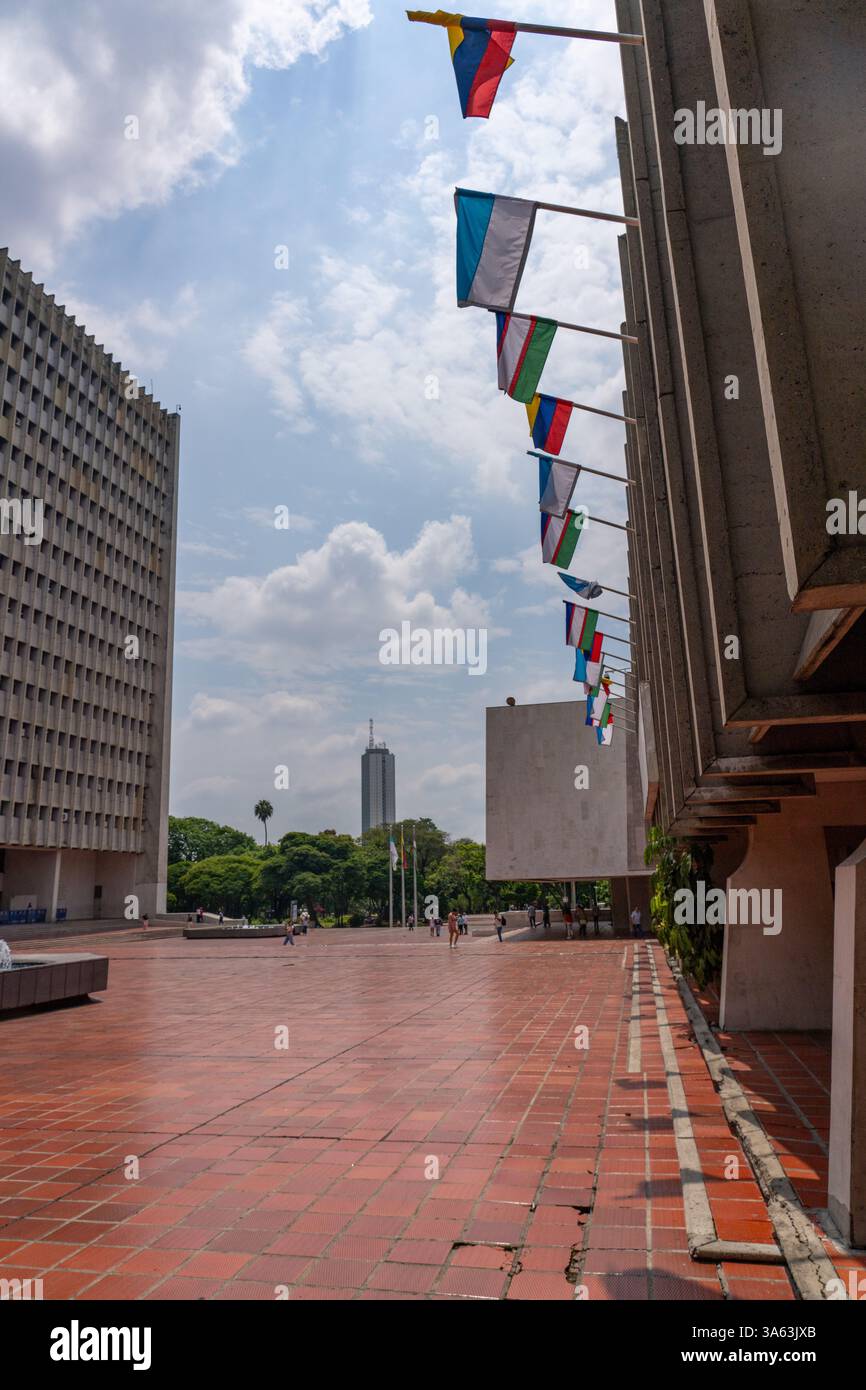 Flags on a City of Santiago de Cali office building in Cali, Colombia ...