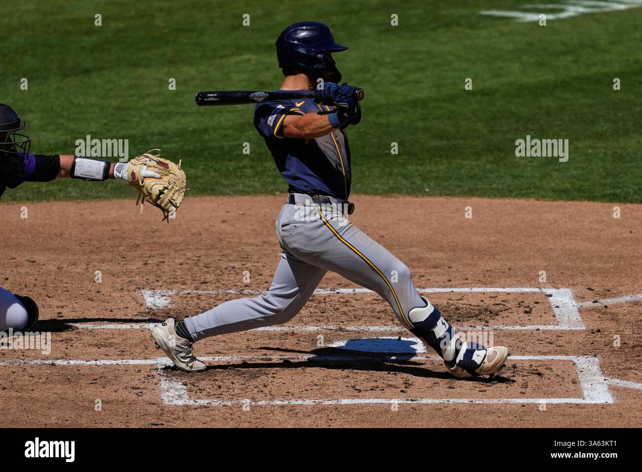 Milwaukee Brewers' Sal Frelick follows through on an RBI base hit ...