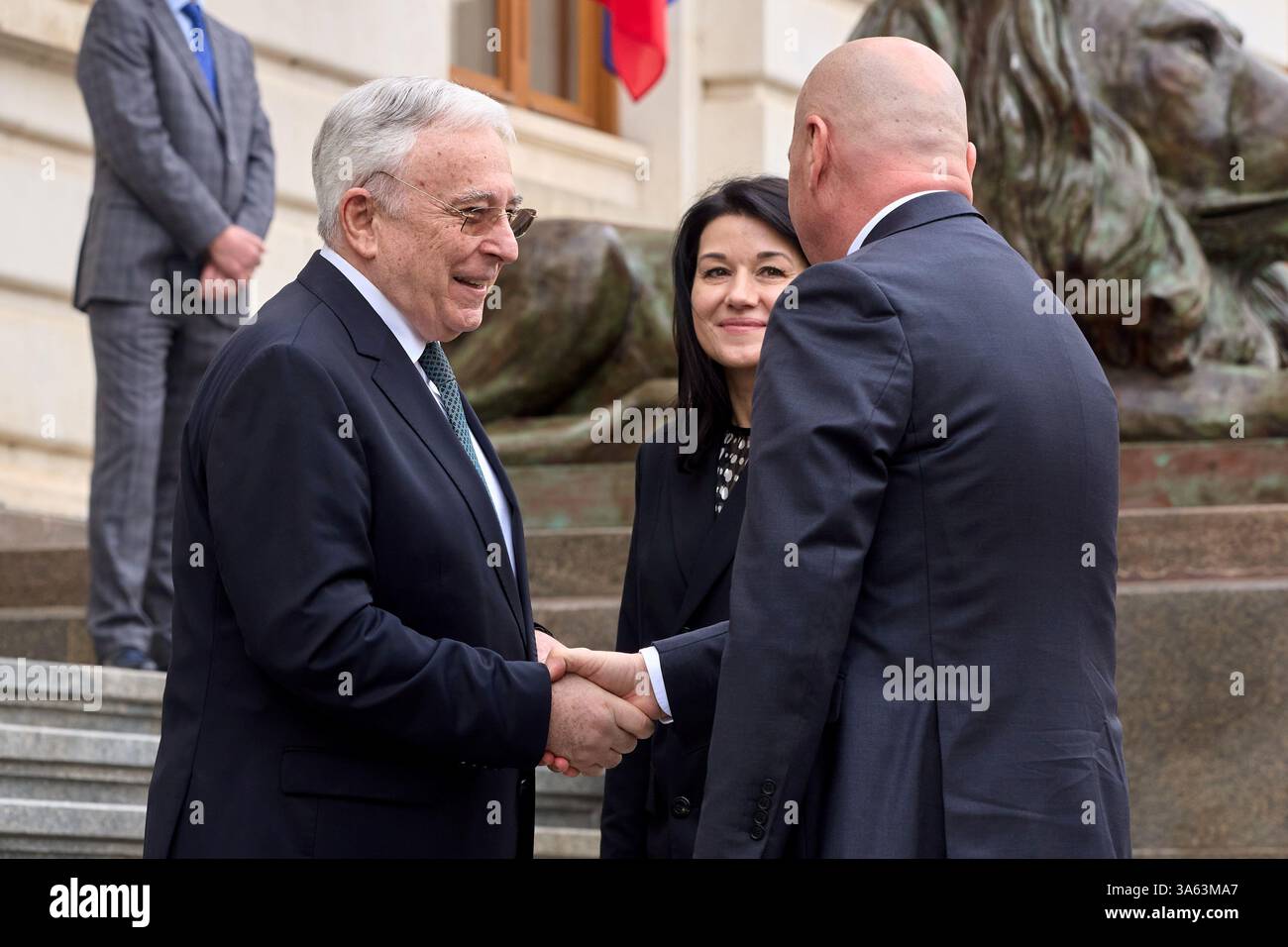 Bucharest, Romania, 24th Mar 2025: Ilie Bolojan (R), the interim ...