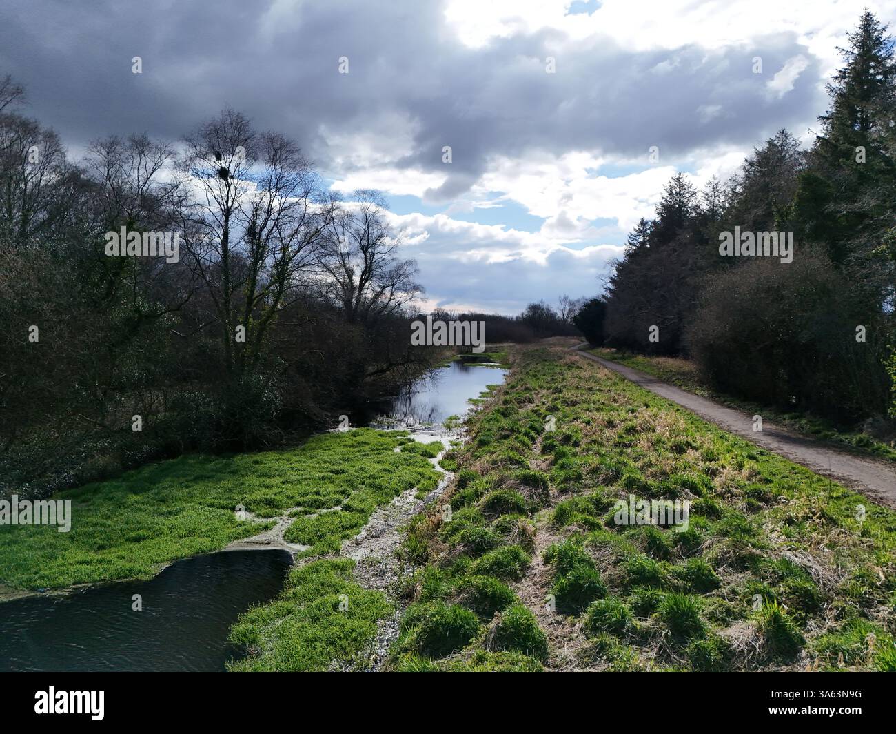 Westmeath, Ireland - 14th March 2025 - Aerial image of Brosna River ...