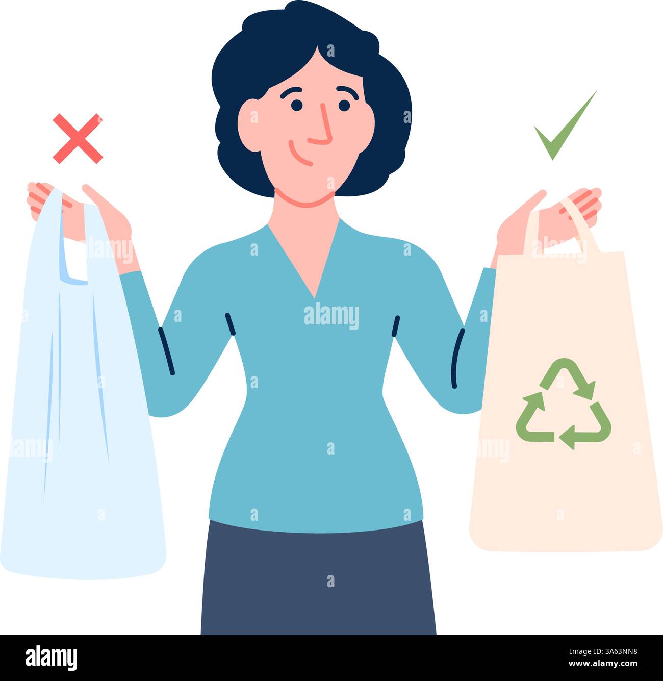 No plastic. Woman choose between plastic and fabric shopping bag. Using ...