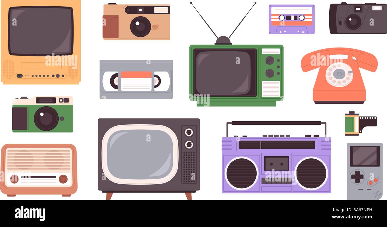 Vintage media technic. Retro photo camera, television, video cassette ...