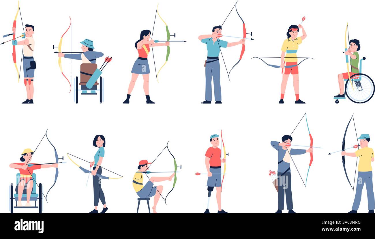 Archers sport characters. Male female archery athletes, disabled ...
