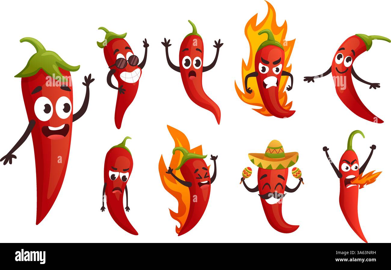 Cartoon peppers characters. Chilli pepper different emotions. Angry ...