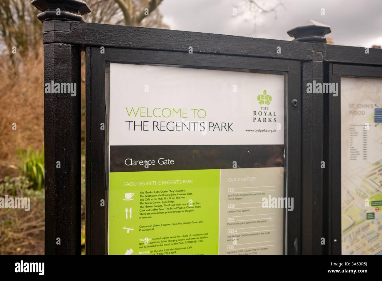LONDON- MARCH 18, 2025: Signage inside Regents Park, a popular landmark ...