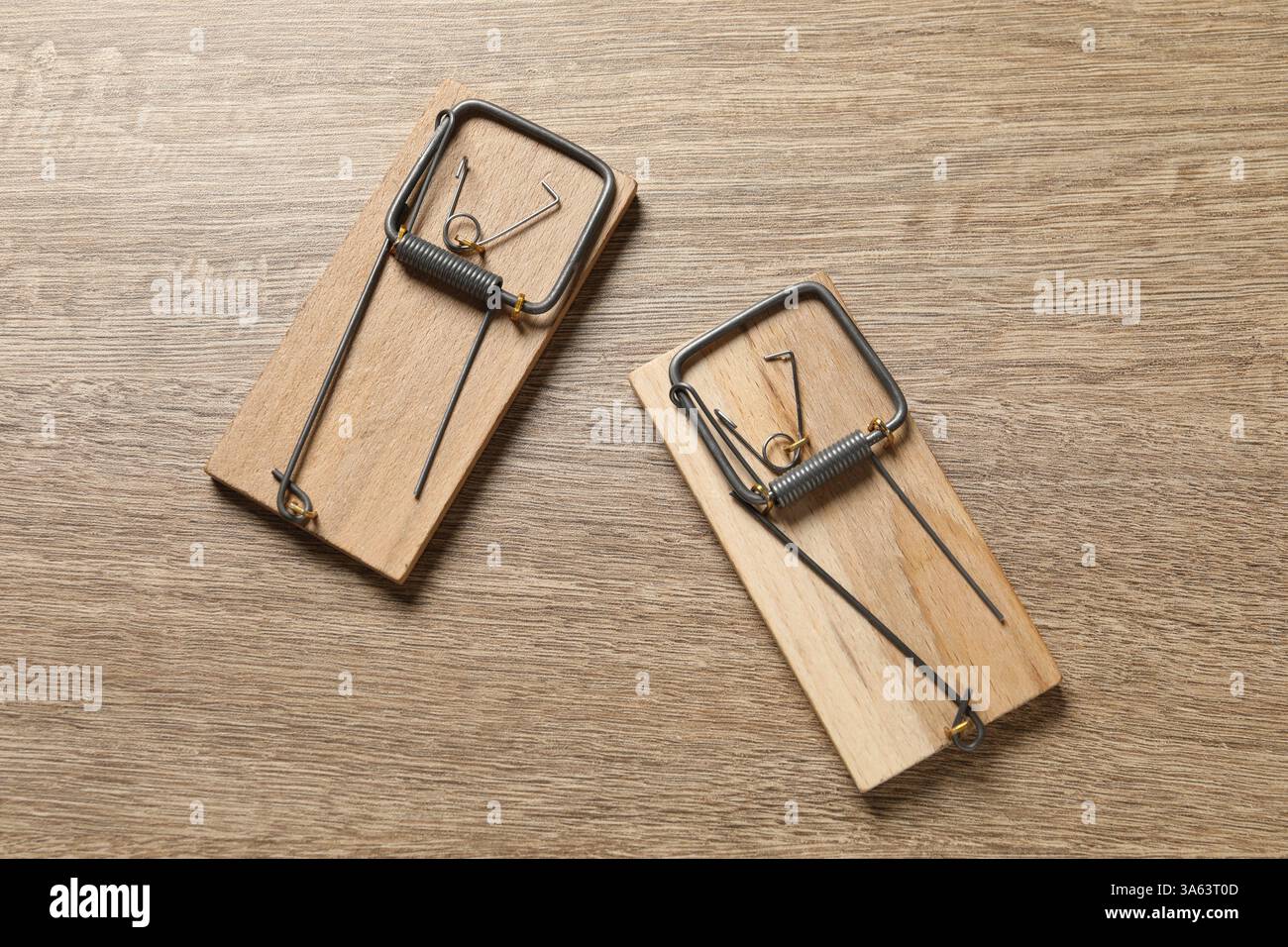 Two spring-loaded bar mousetraps on floor, flat lay Stock Photo - Alamy