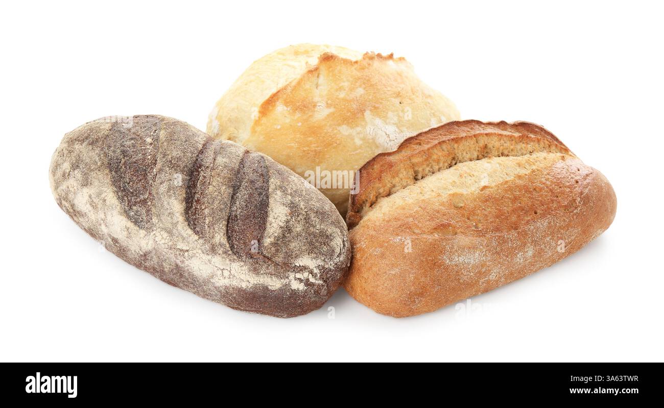 Different loaves of freshly baked bread isolated on white Stock Photo ...