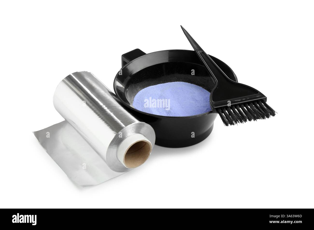 Hair bleaching powder, brush and foil isolated on white Stock Photo - Alamy