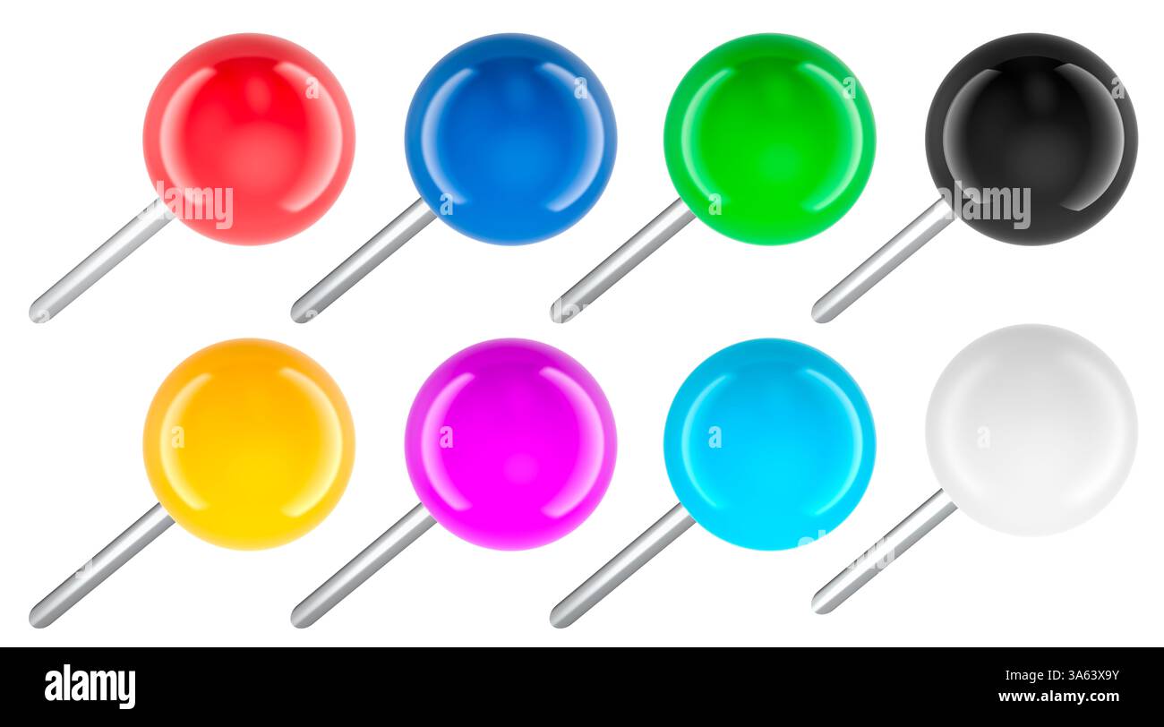 Colored Round Head Push Pins, 3D rendering isolated on white background ...