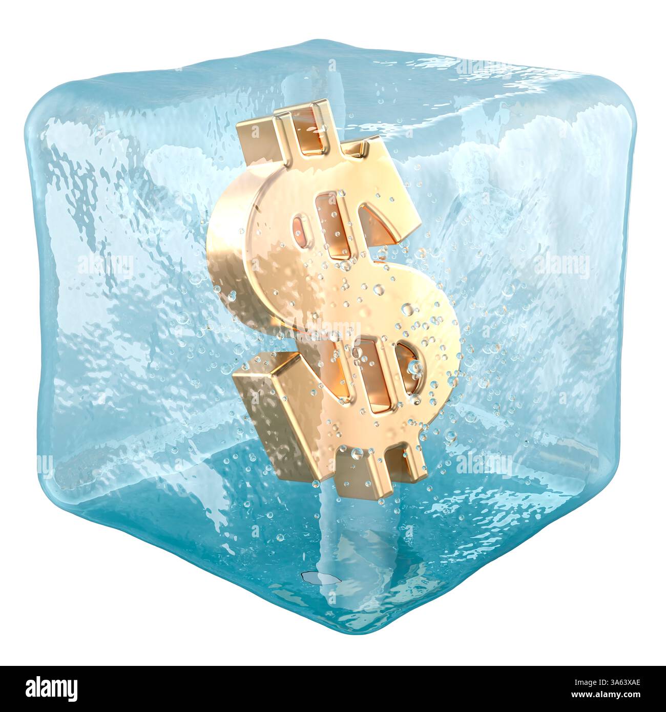Dollar symbol frozen in ice cube, 3D rendering isolated on white ...
