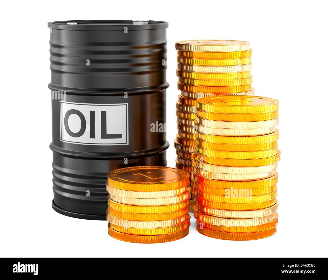 Oil barrel with golden coins. Oil production and trading, concept. 3D ...