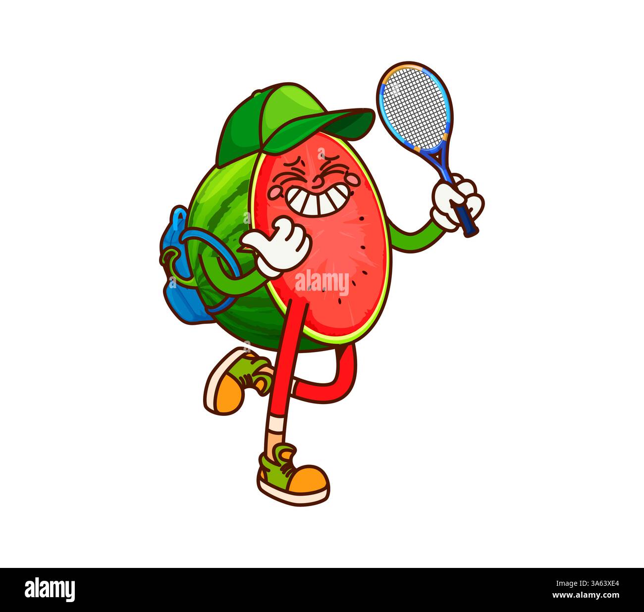 Groovy cartoon watermelon comical character wearing cap and backpack ...