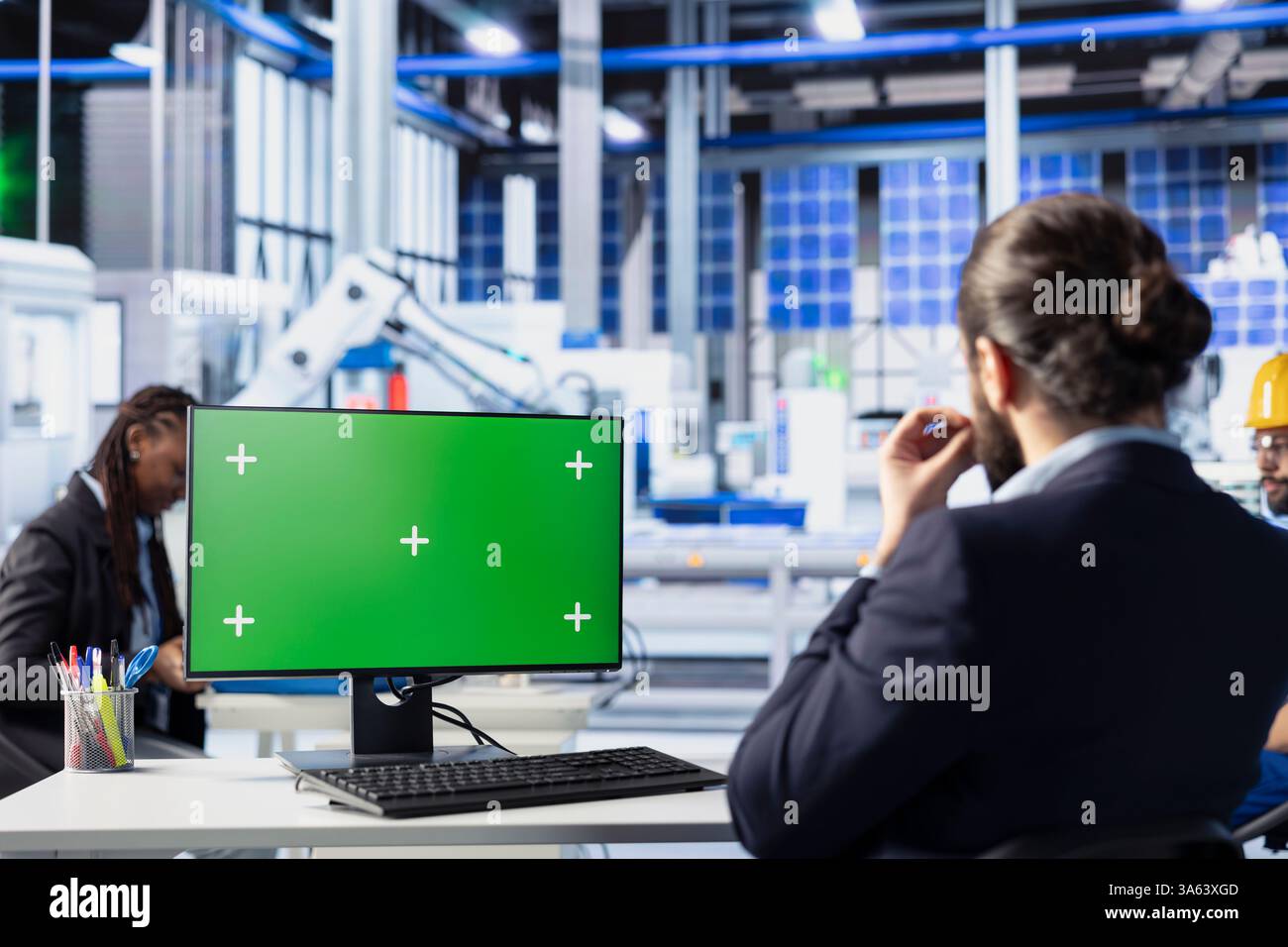 Solar panels manufacturing plant worker developing new photovoltaic ...