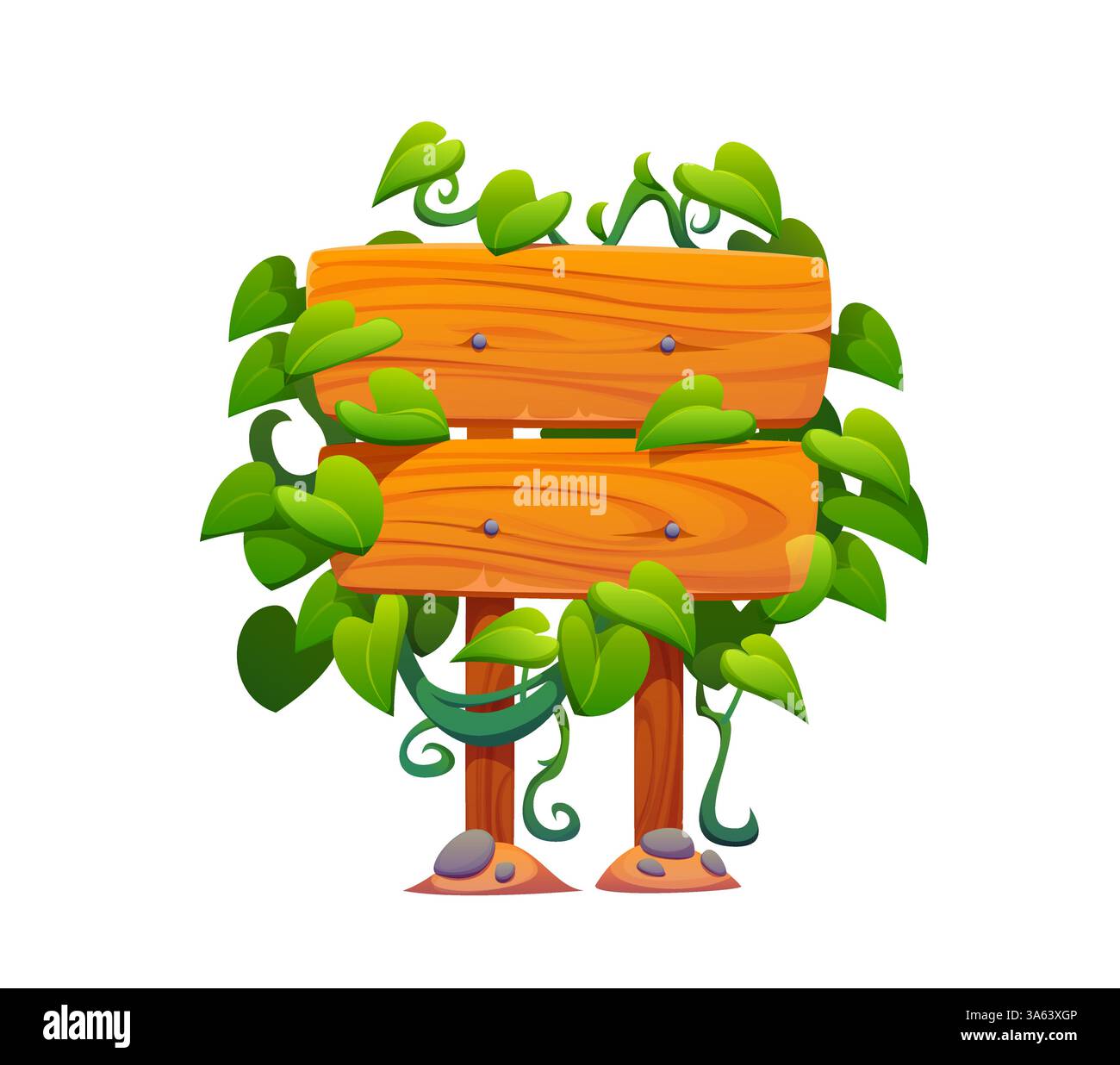 Cartoon wooden sign board decorated tropical jungle leaves and lianas ...