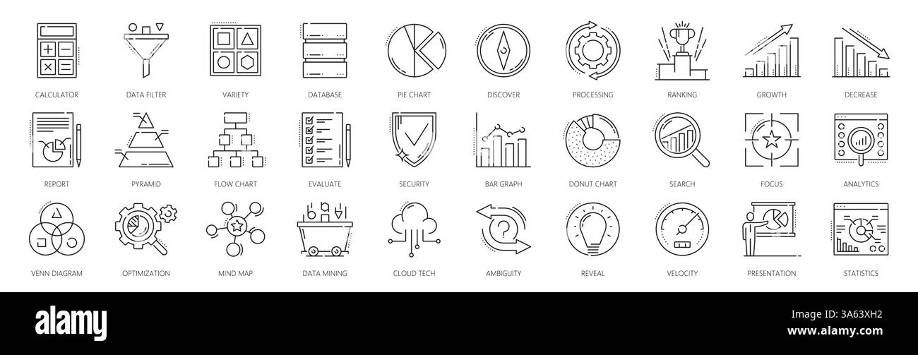 Data analytics and analysis icons of charts and diagrams for business research, vector line ...