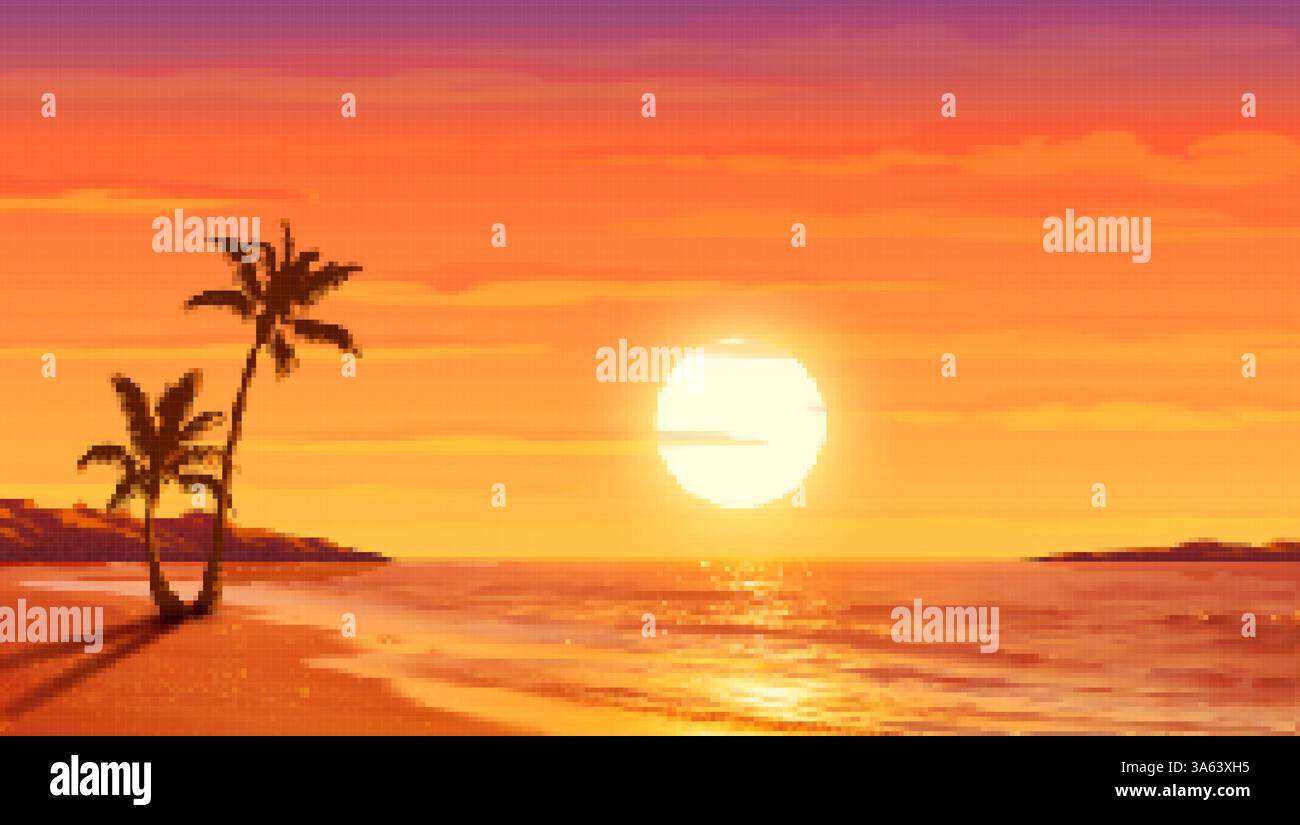 8bit pixel art beach landscape, tropical seaside game background ...