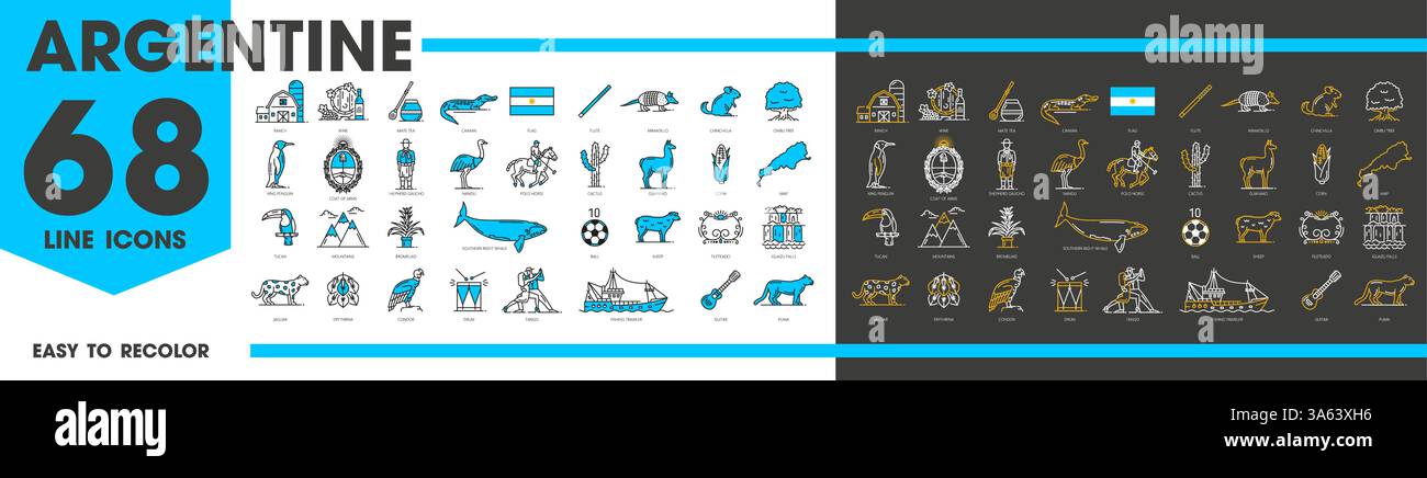 Argentine travel and landmark line icons of Argentina map, flag and ...