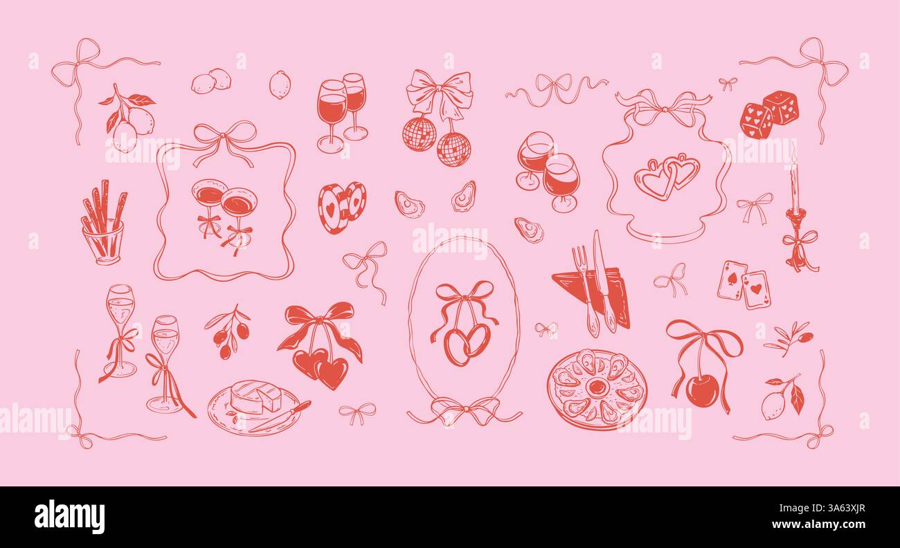 Hand drawn doodle coquette bow ribbon whimsical frames, cherries, disco ...