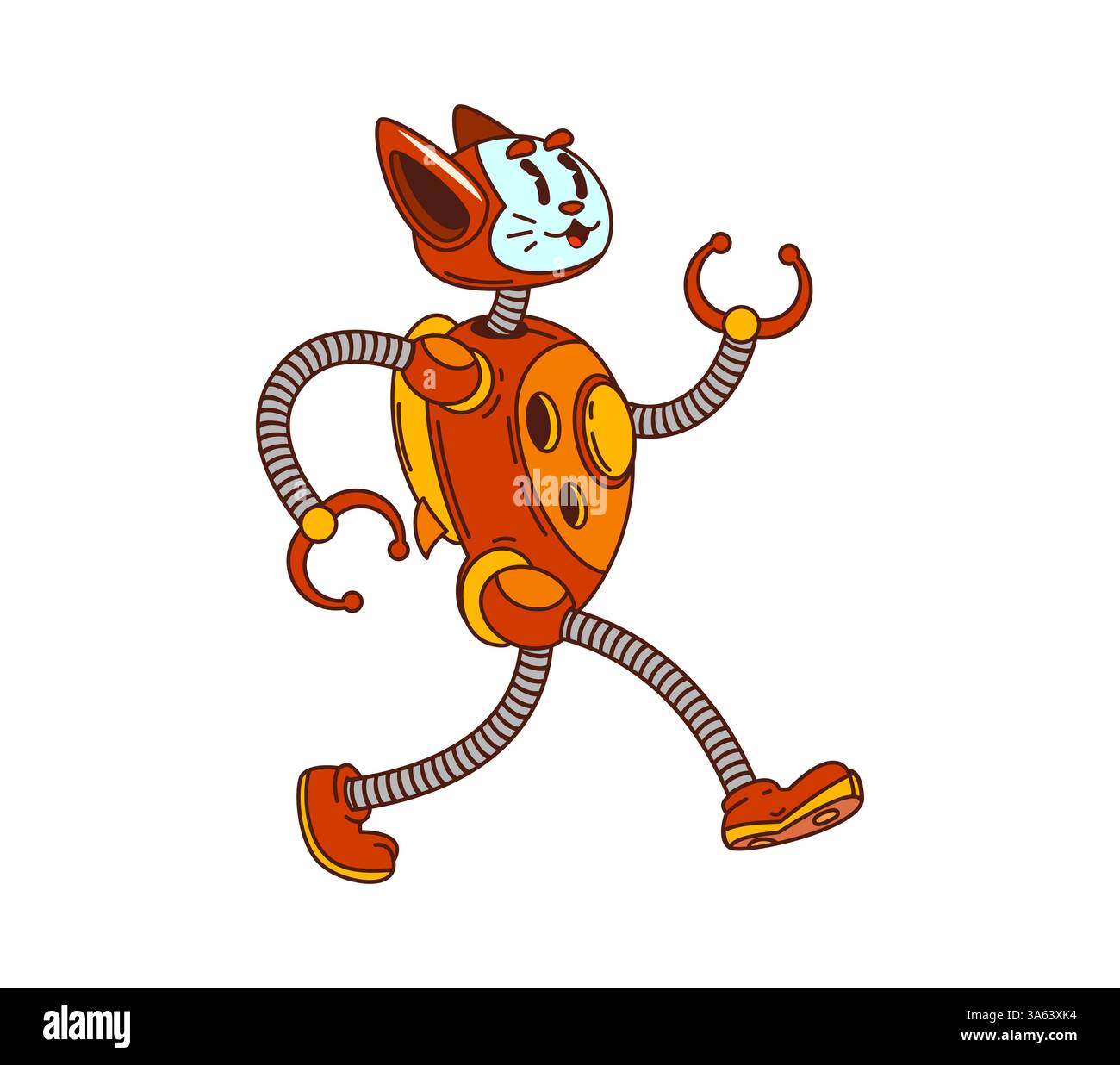 Cartoon groovy robot and droid cat character with a mechanical body ...