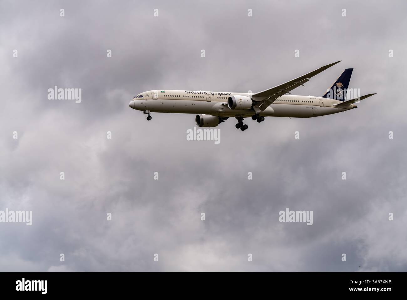 Wide-body twin-engine jet airliner approaching airport for landing with ...