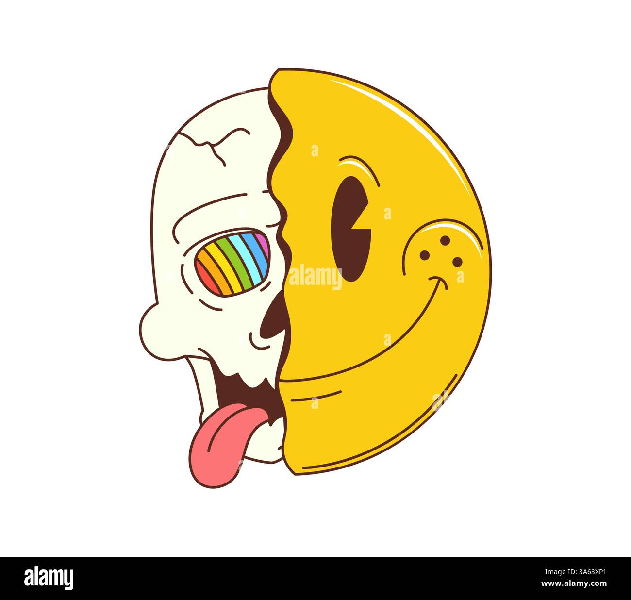 Retro hippie groovy symbol of surreal half skull with psychedelic ...